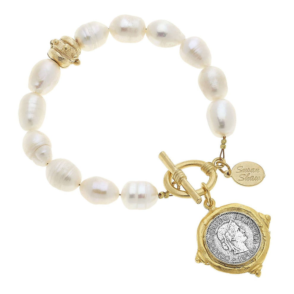Susan Shaw - Gold and Silver Coin on Genuine Freshwater Pearl Bracelet ...